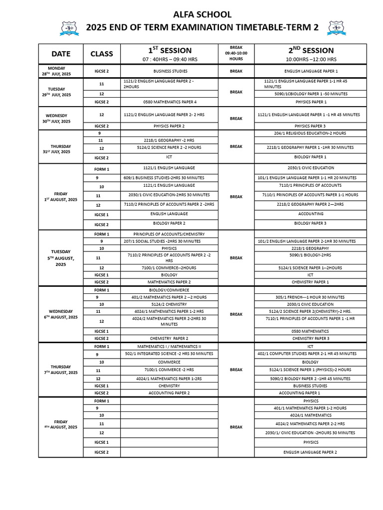 ALFA School 2025 Exam Timetable Term 2 | PDF