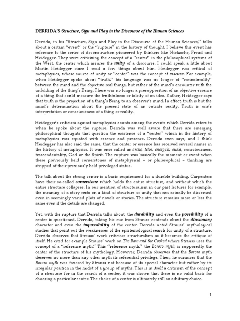 DERRIDA's Structure, Sign and Play in the Discourse of Human Sciences ...