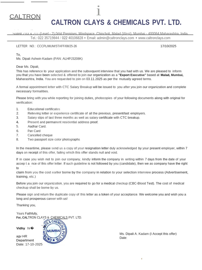 Job Offer for Export Executive Position | PDF