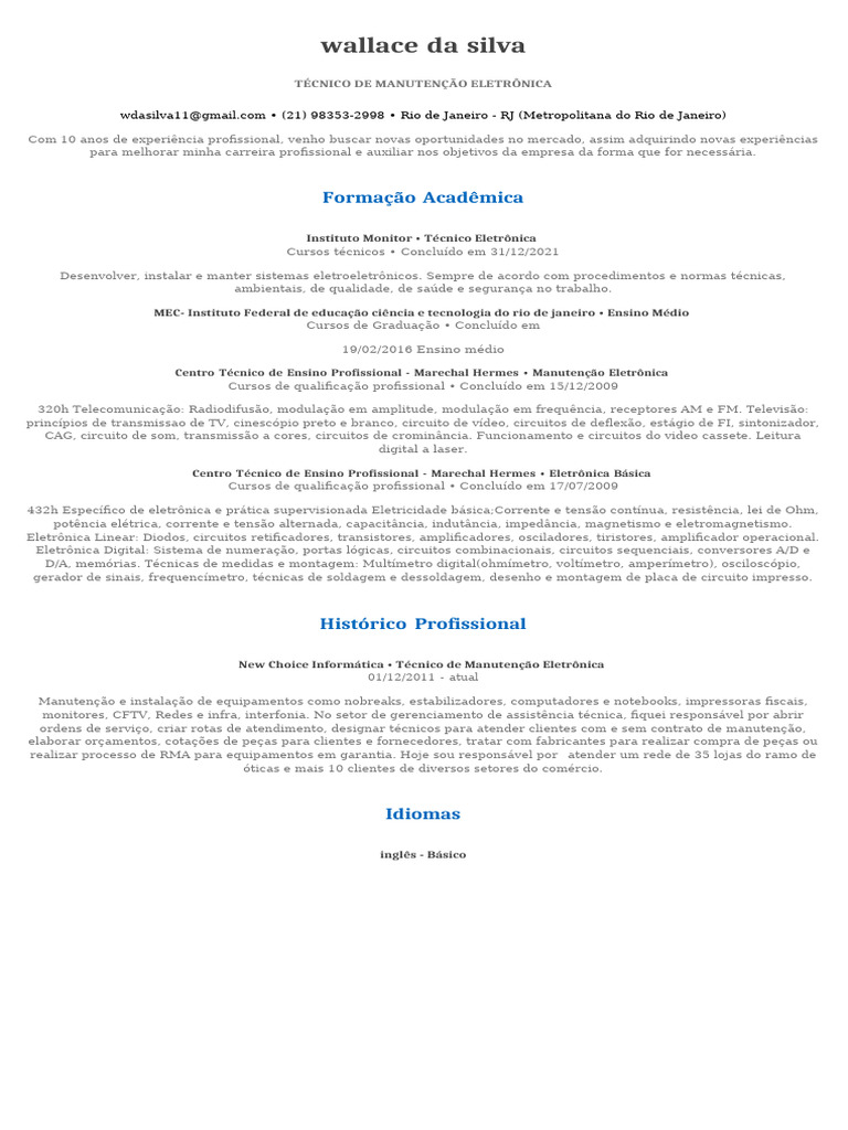 Curriculo - Wallace Da Silva (1) | PDF | Eletrônicos | Radiodifusão