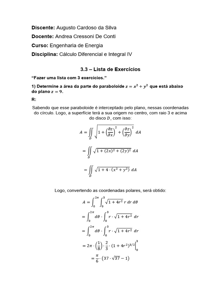 3.3 – Lista de Exercícios - Integrais Duplas Gerais _ Augusto Cardoso _ 4° sem. Eng. de Energia ...