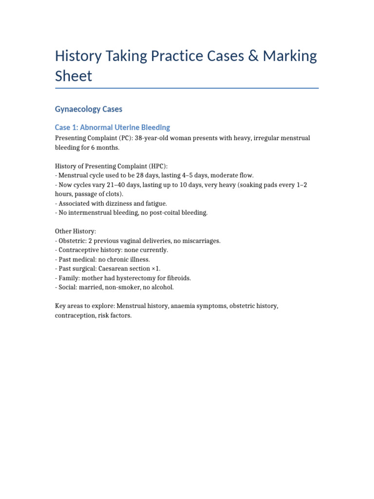 History Taking Practice Cases Checklist | PDF | Pregnancy | Menstruation
