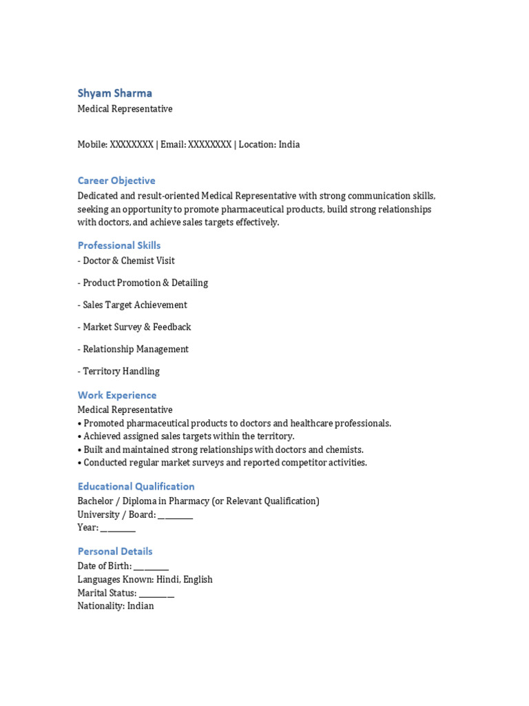 Medical Representative Resume Shyam Sharma | PDF