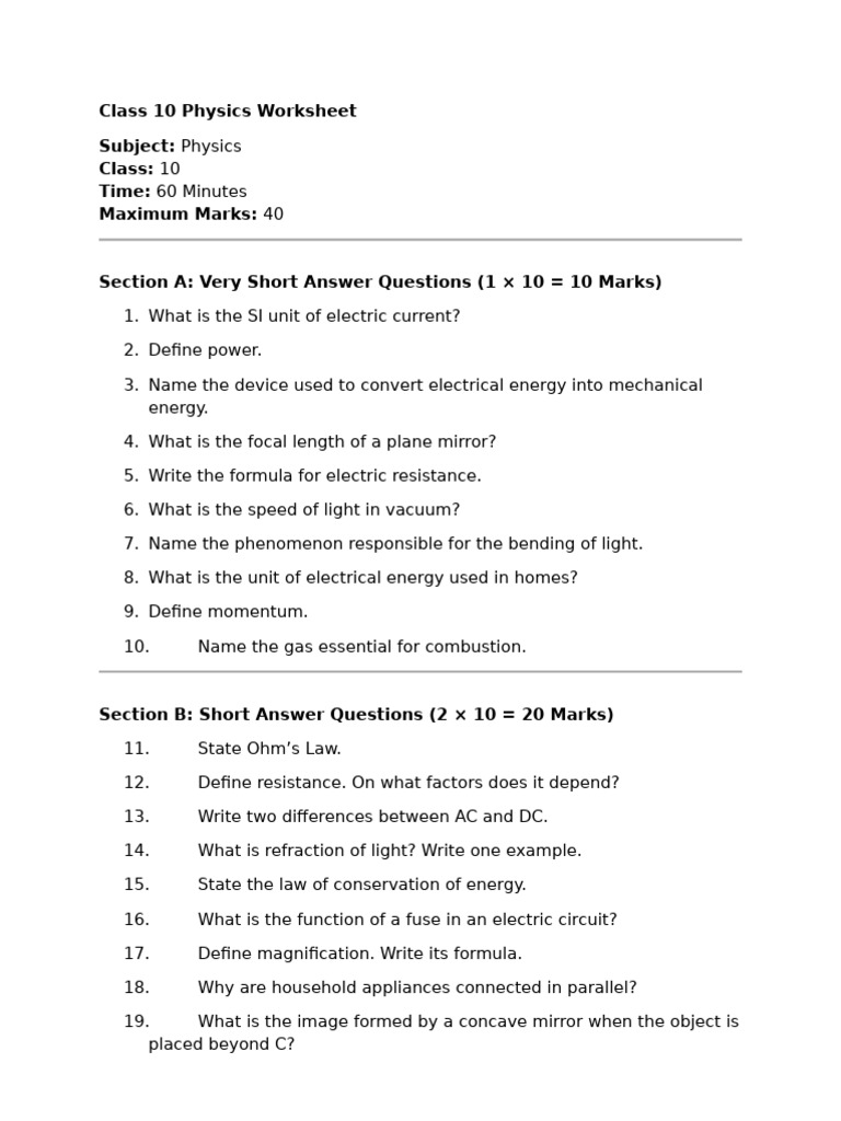 Class 10 Physics Worksheet with Questions | PDF | Electric Current ...