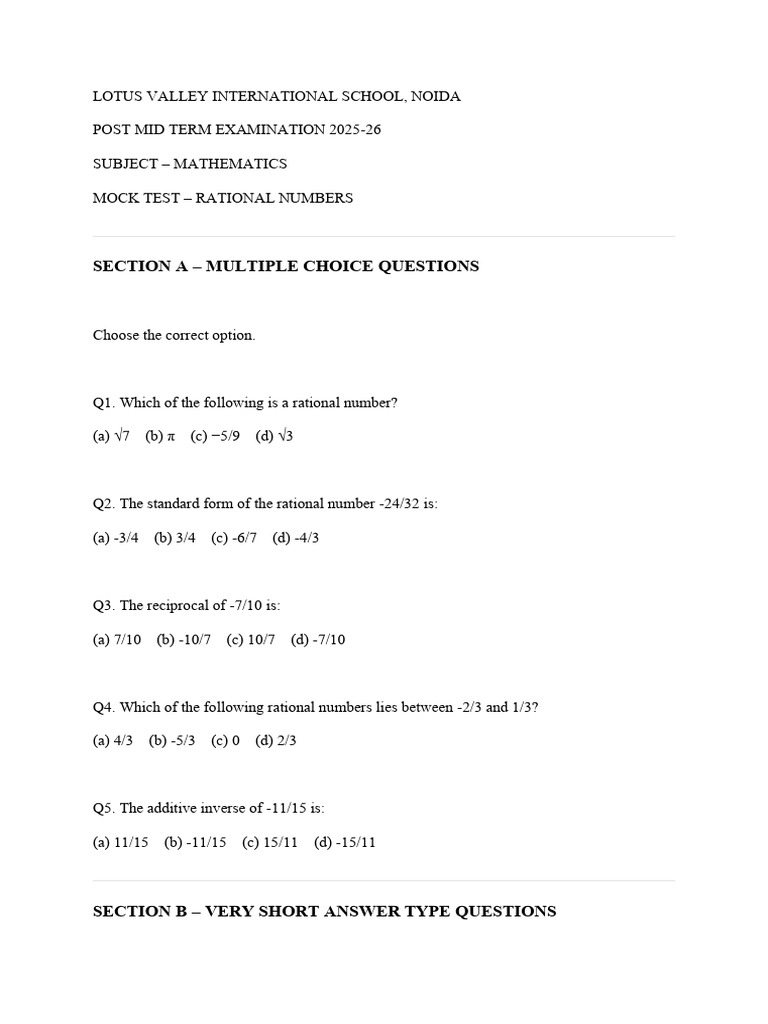 Rational Numbers Mock Test 2025-26 | PDF