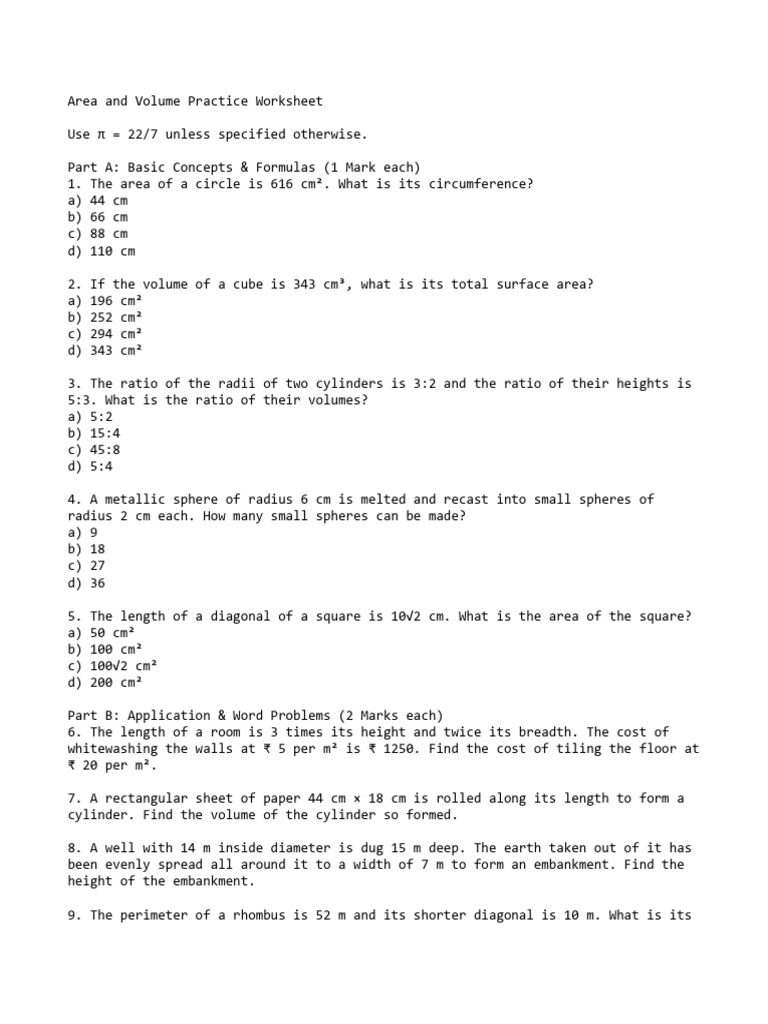 Area and Volume Math Practice Worksheet | PDF
