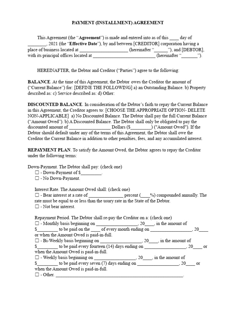 PDF Template Installment Payment Agreement Template | PDF | Debtor ...