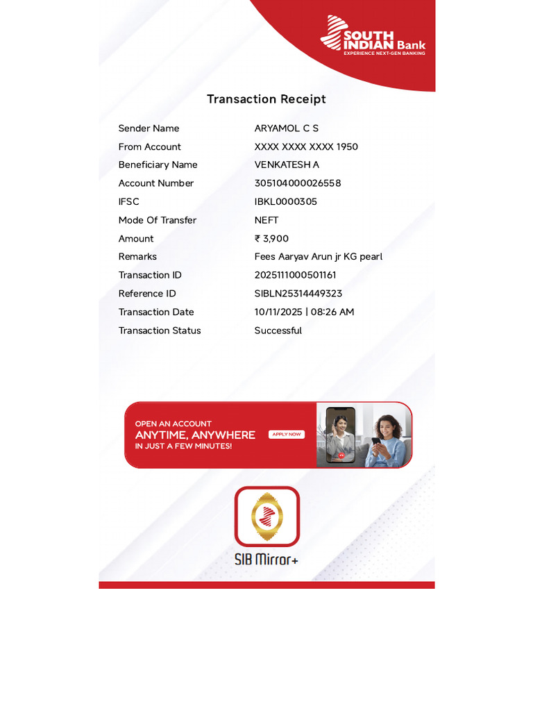 NEFT Transaction Receipt for ₹3,900 | PDF