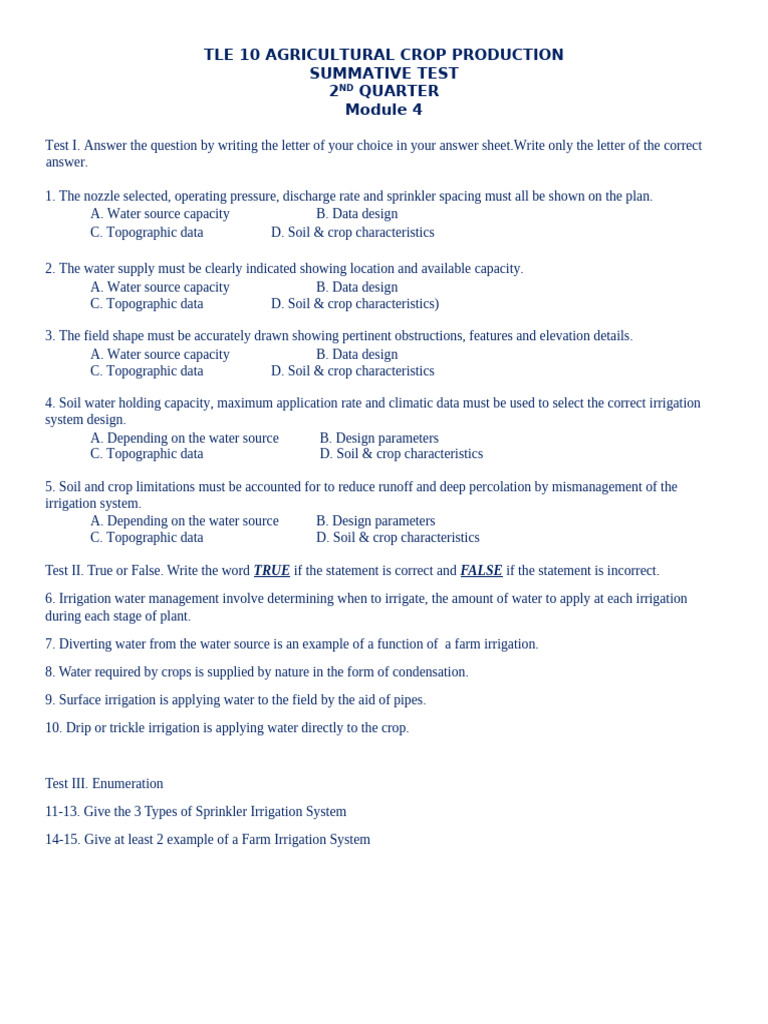 Agricultural Crop Production Test | PDF