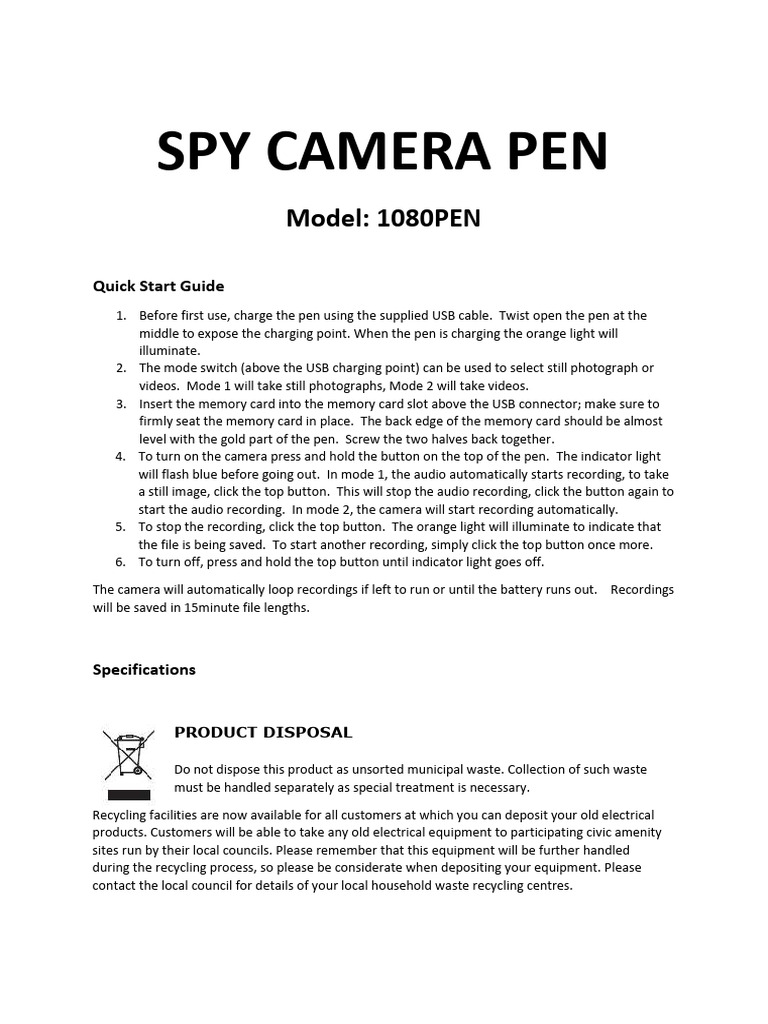 1080P Spy Camera Pen Quick Start Guide | PDF