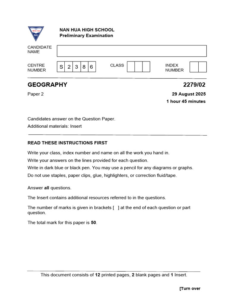 Nan Hua Core Geography Sec 4 Prelim P2 QUESTIONS | PDF | Earth Sciences ...