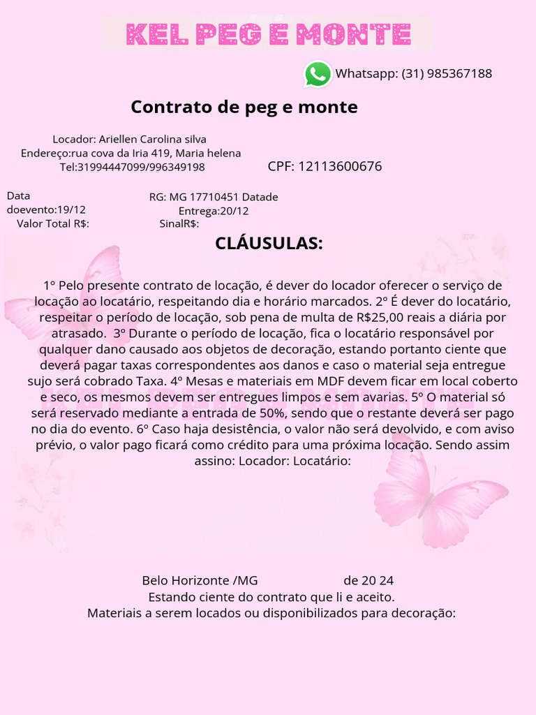 Contrato de Decoração e Pegue e Monte Locador Endereço Tel CPF RG MG ...
