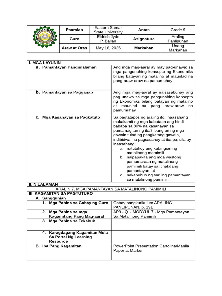 Lesson Plan For Final Demo ARALIN 7. MGA PAMANTAYAN SA MATALINONG ...