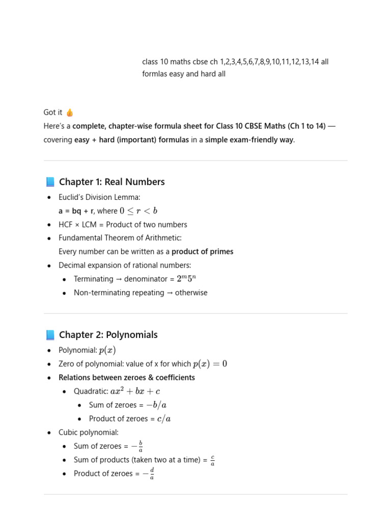 Class 10 CBSE Maths Formulas Guide | PDF | Mathematics