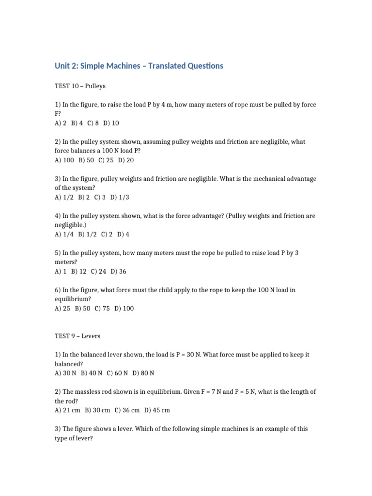 Simple Machines Test: Pulleys & Levers | PDF