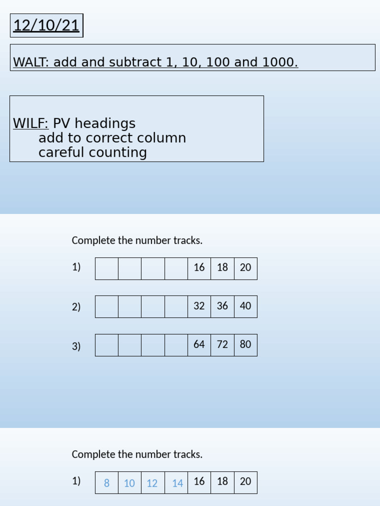 Tuesday Add Subtract 1-10-100 1000 | PDF