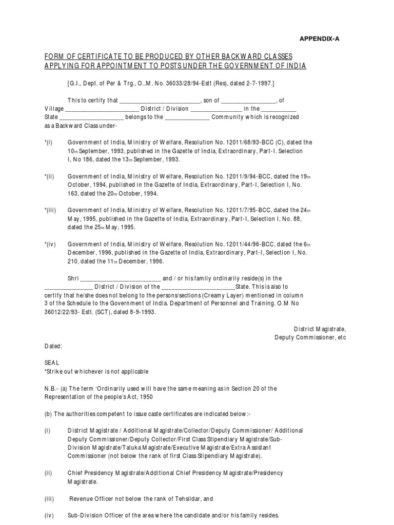 HAL OBC Certificate | PDF | Government Of India | Magistrate