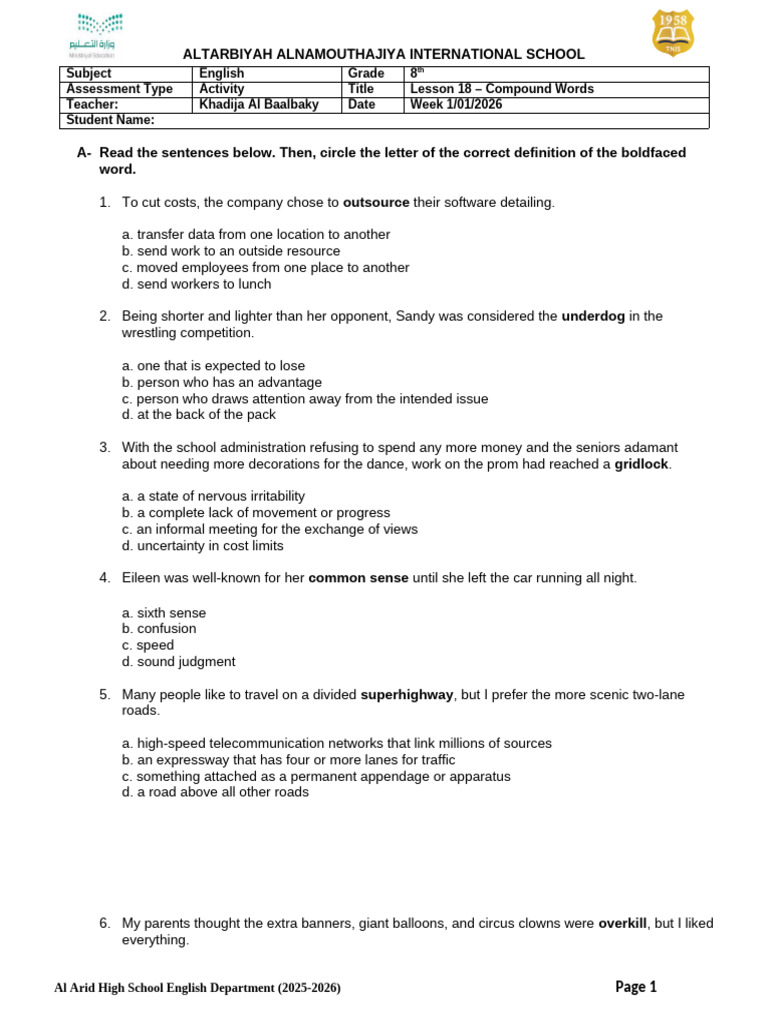 Week 1 Gr.8 Vocabulary Lesson 18 Compound Words Activity | PDF