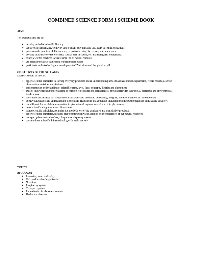 Schemes of Work Form 1 Combined Science | PDF | Science | Scientific Method