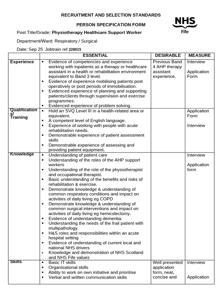 Person Spec Inpatient Band 4 HCSW | PDF | Physical Therapy | Health Care