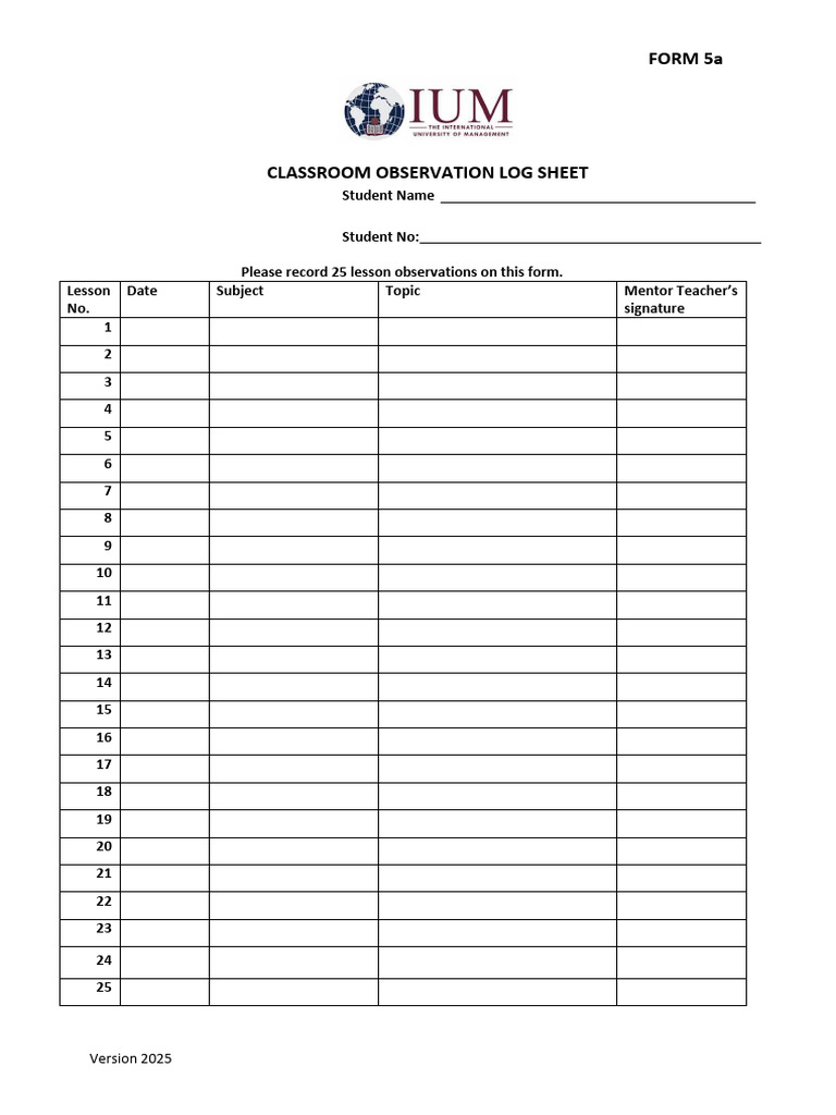 Classroom Observation Log Sheet 2025 | PDF