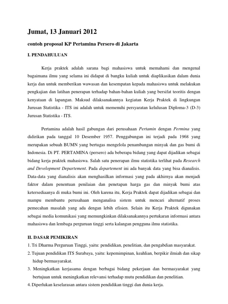 Contoh Proposal KP PT Pertamina Persero | PDF