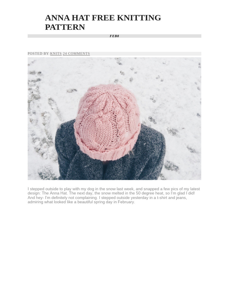 Free Anna Hat Knitting Pattern | PDF | Knitting | Knitting Needle