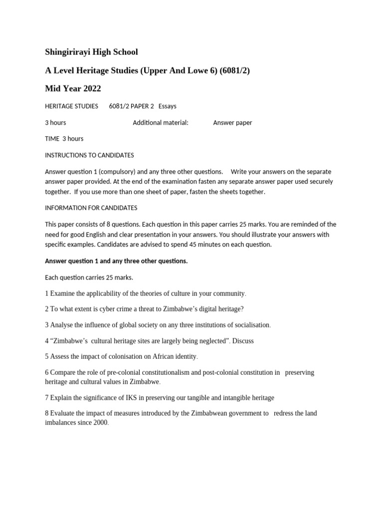 A Level Heritage Studies Exam Paper 2022 | PDF