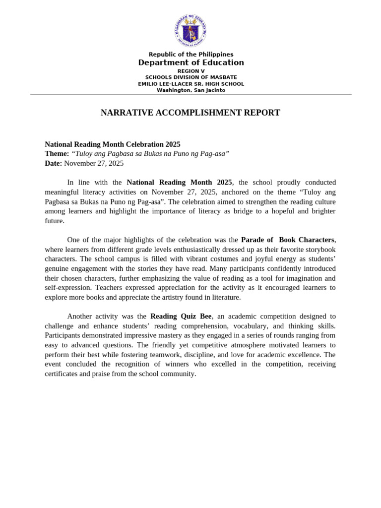 Narrative Accomplishment Report (Reading Month Activities) | PDF