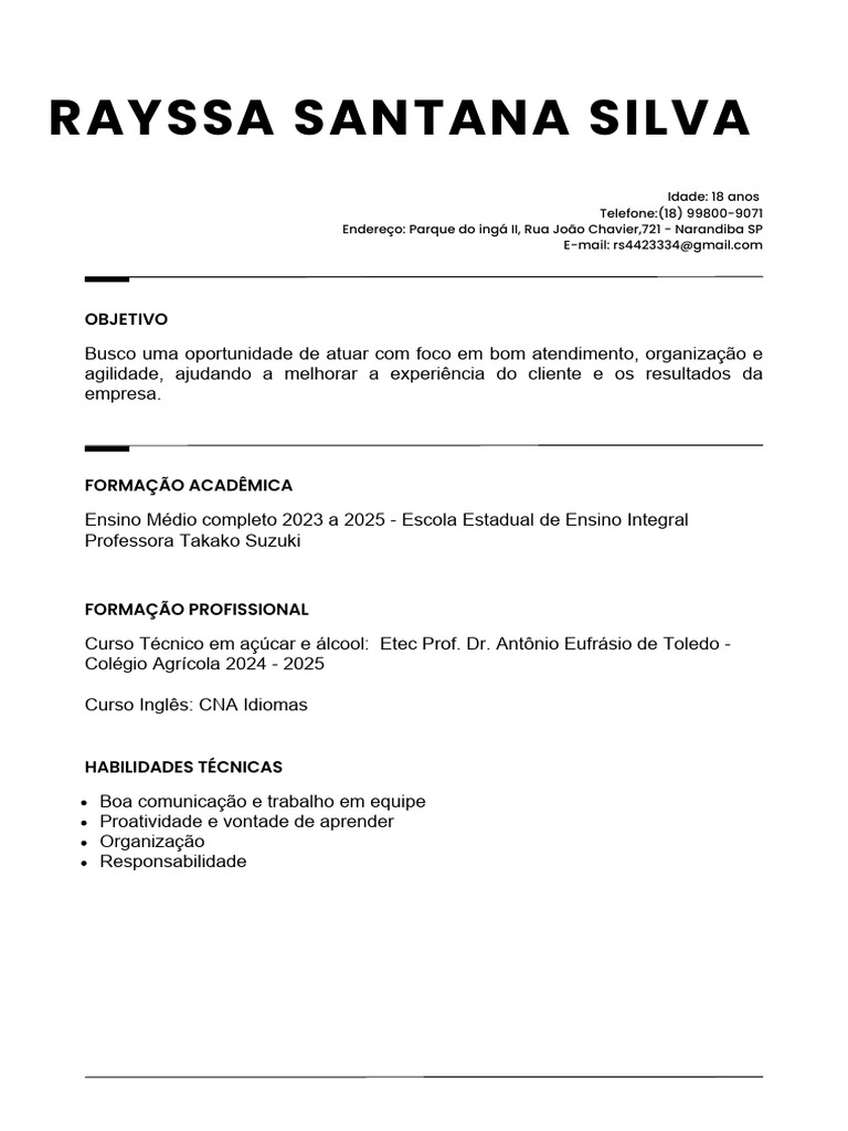 Currículo de Rayssa Santana Silva | PDF