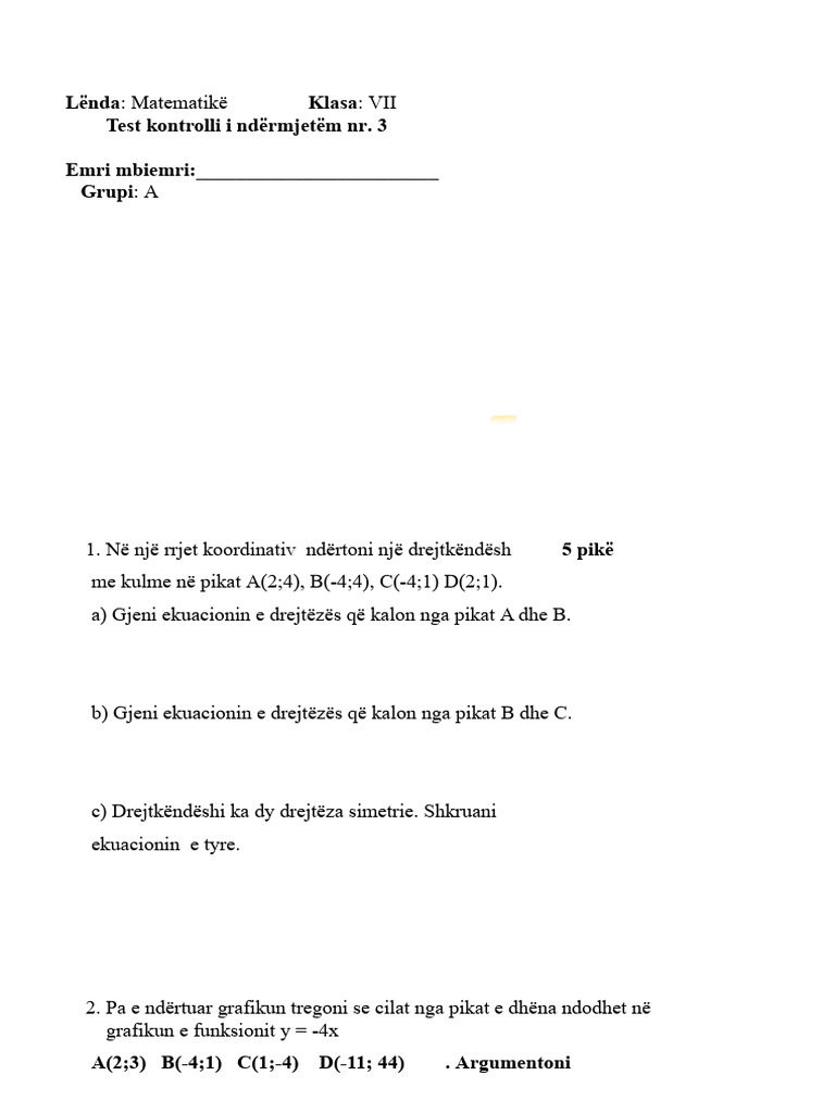 Lënda Klasa Test Kontrolli I Ndërmjetëm Nr. 3 Emri Mbiemri: Grupi | PDF