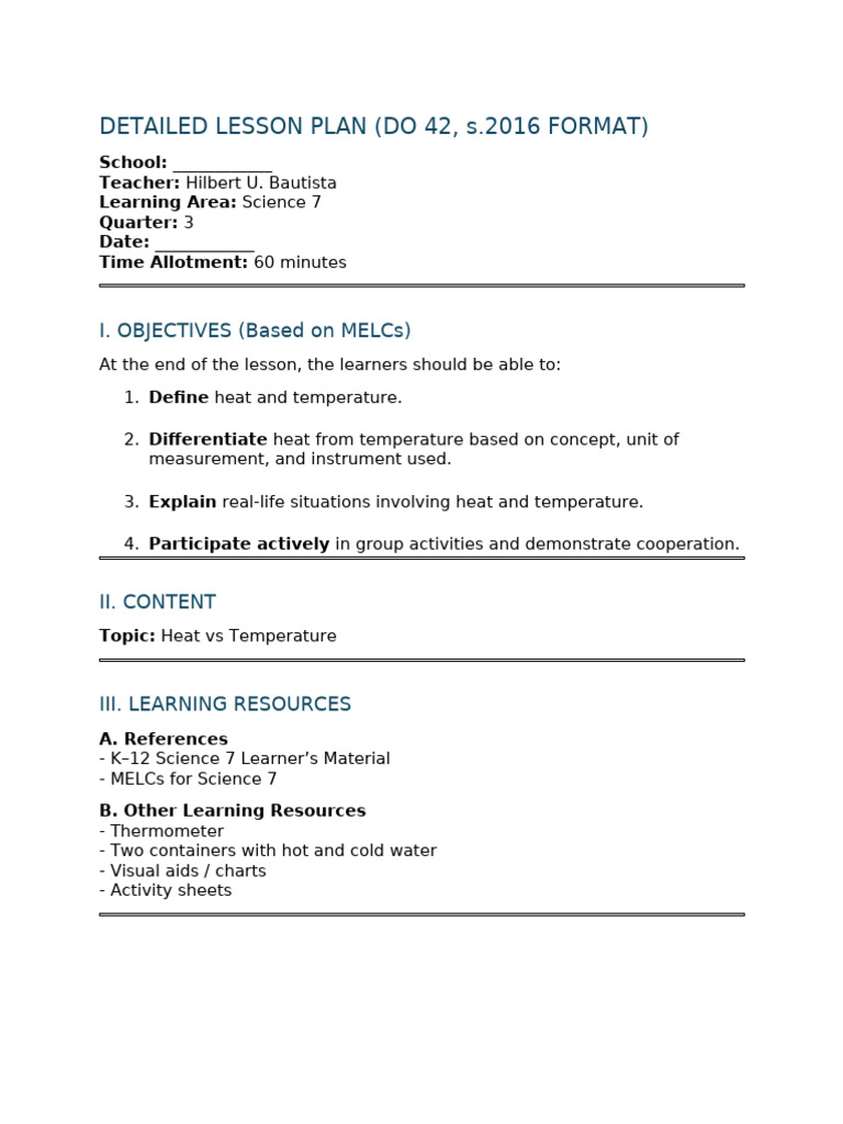 Heat vs Temperature Lesson Plan | PDF | Heat | Temperature