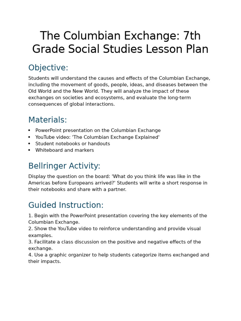 Columbian Exchange Lesson Plan | PDF