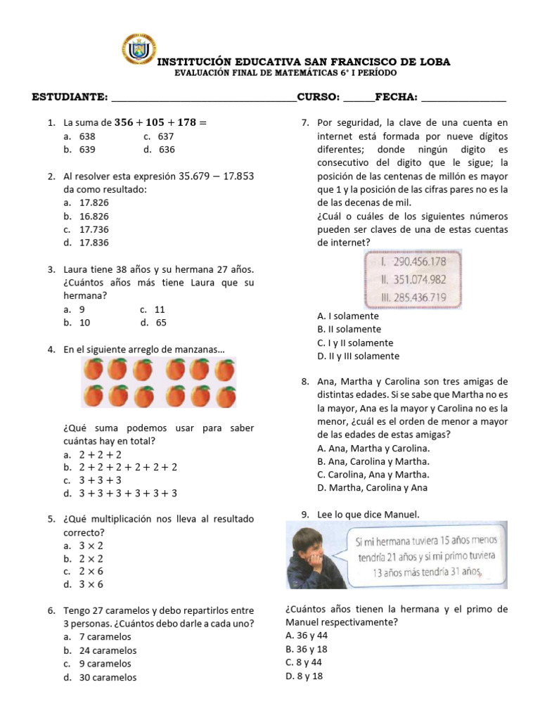 Ev - Final Matematicas 6° I Período | PDF