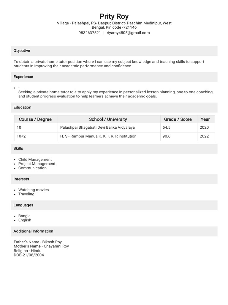 Private Home Tutor Resume - Prity Roy | PDF