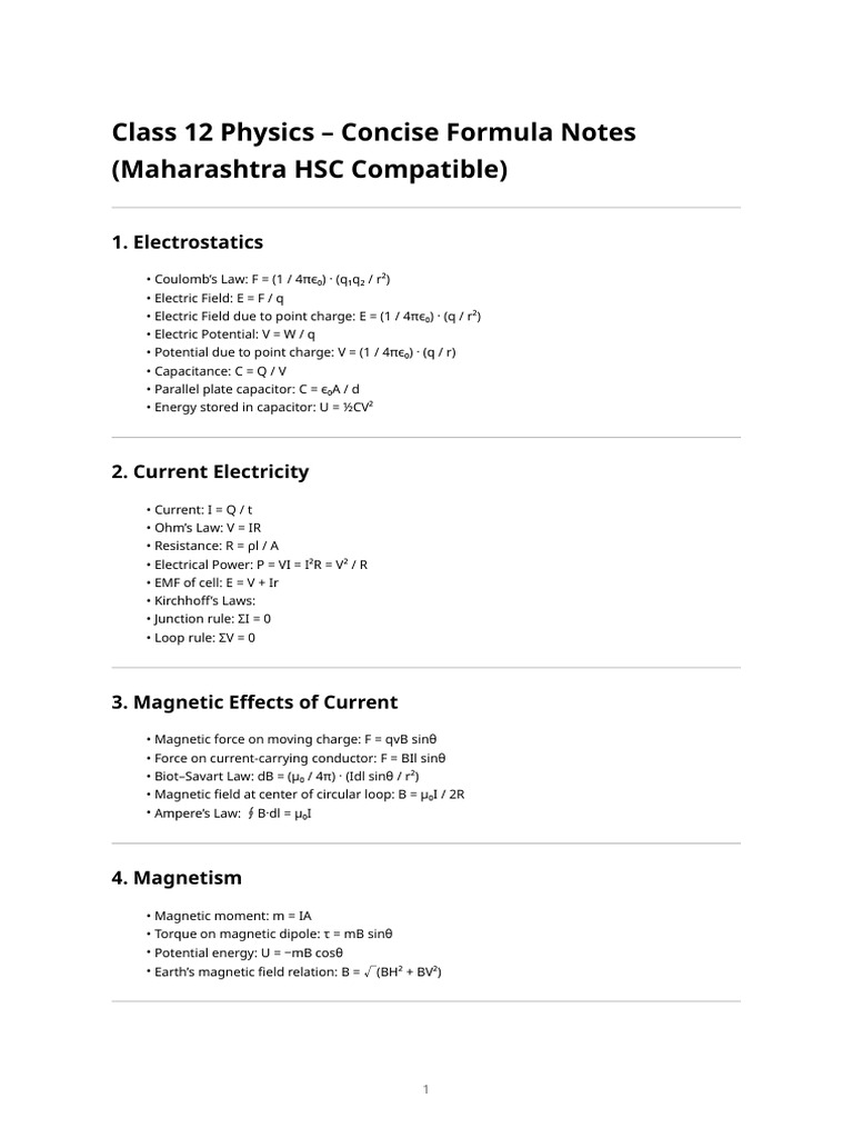 Class 12 Physics Formula Notes | PDF | Magnetic Field | Electric Field