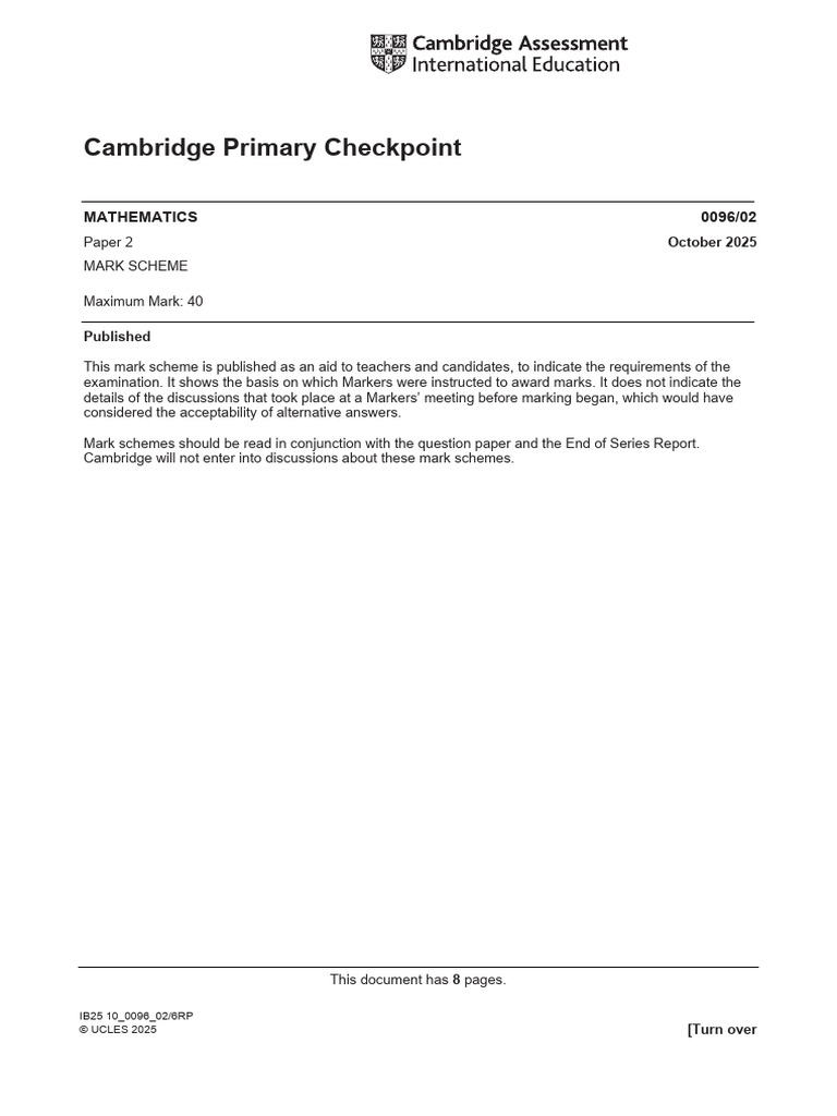 Cambridge Primary Math Mark Scheme 2025 | PDF | Elementary Mathematics ...