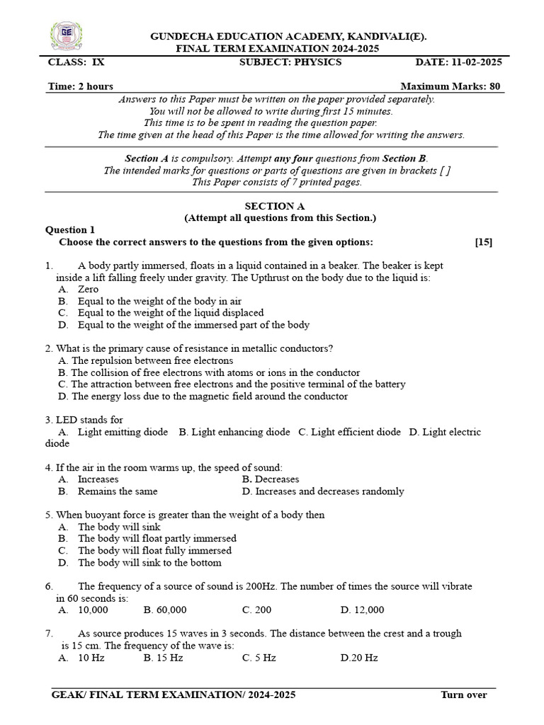 Class 9 Physics Final 2025.Docx | PDF | Mirror | Reflection (Physics)