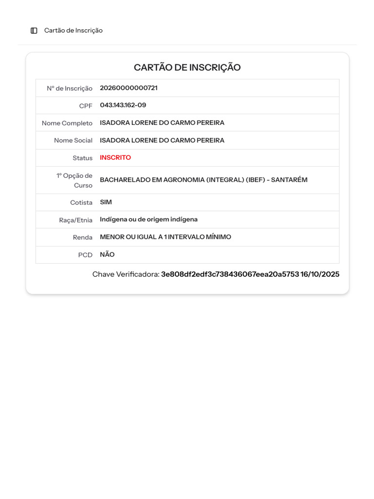 Cartão de Inscrição de Isadora Lorene | PDF
