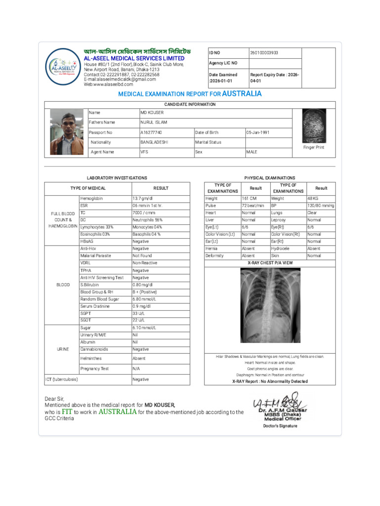 Medical Examination Report for Australia | PDF | Blood | Medical ...