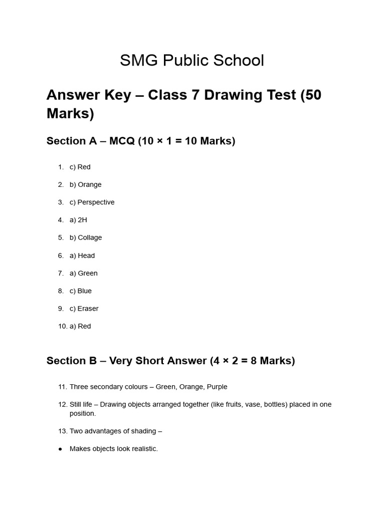 Class7th Drawing Test Answer Key | PDF