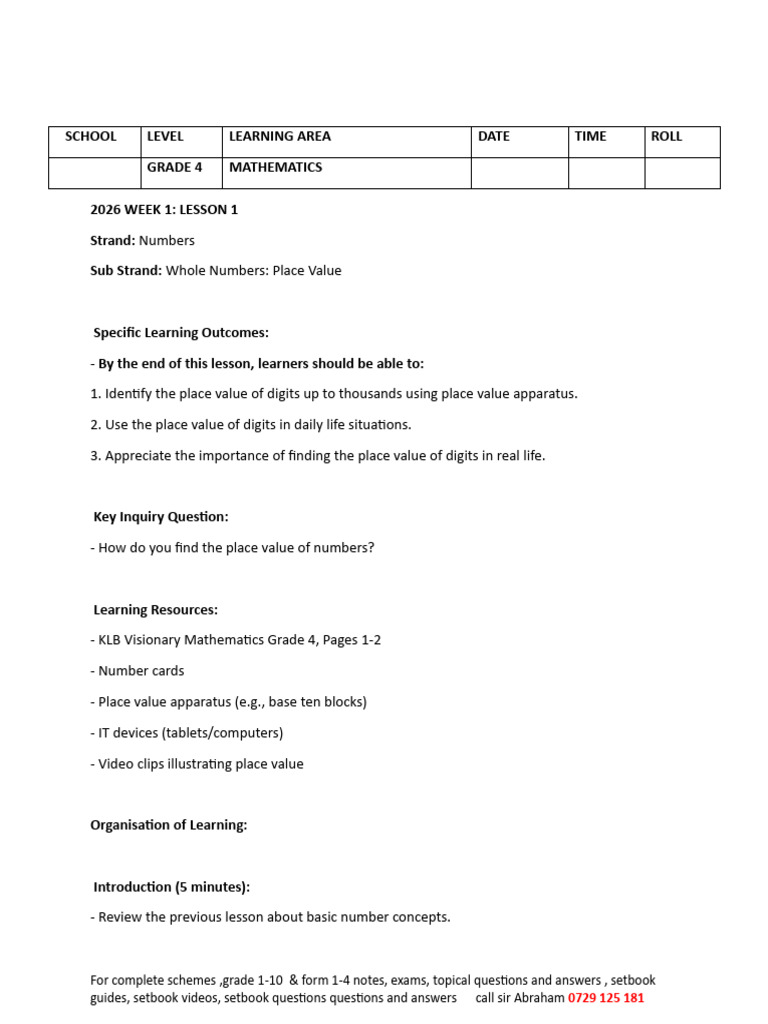 Grade 4 Place Value Lesson Plans | PDF | Learning | Question