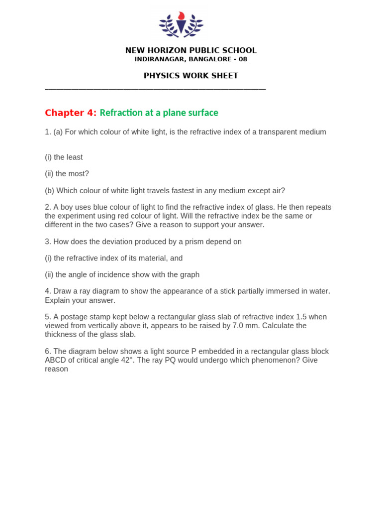 Refraction Work Sheet 1749093050 | PDF