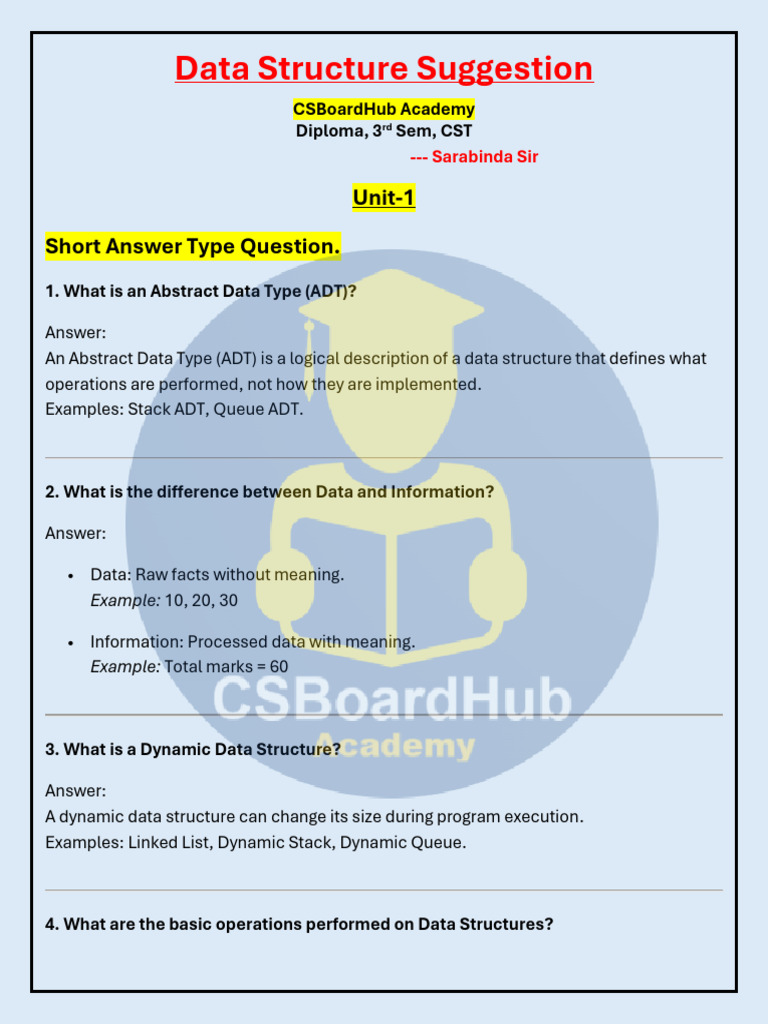 Data Structure Suggestion Diploma 3rd Sem CST CSBoardHub Academy | PDF ...