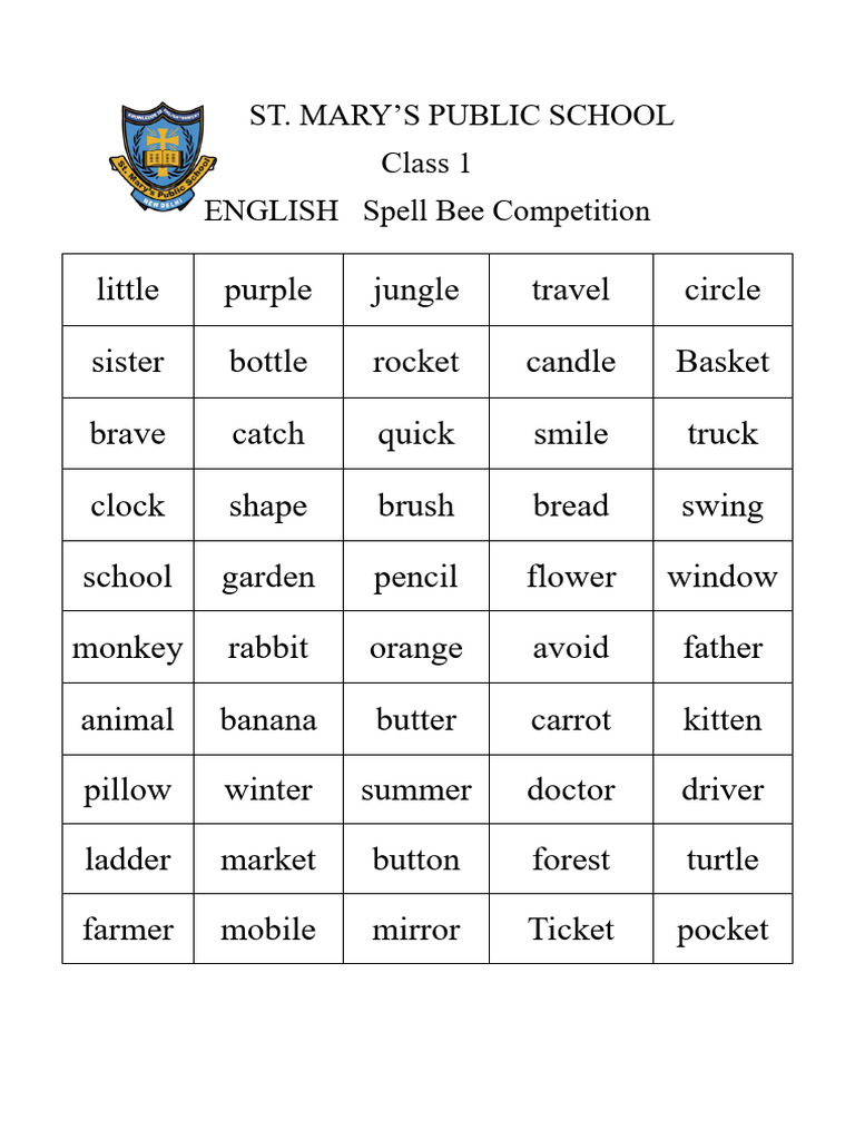 SPELL BEE Competition (Class 1) | PDF