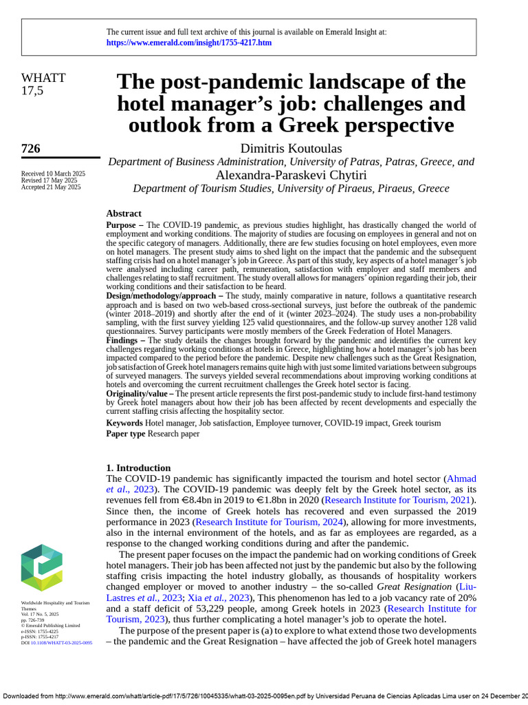 Koutoulas (2025) The post pandemic landscape of the hotel manager s job ...