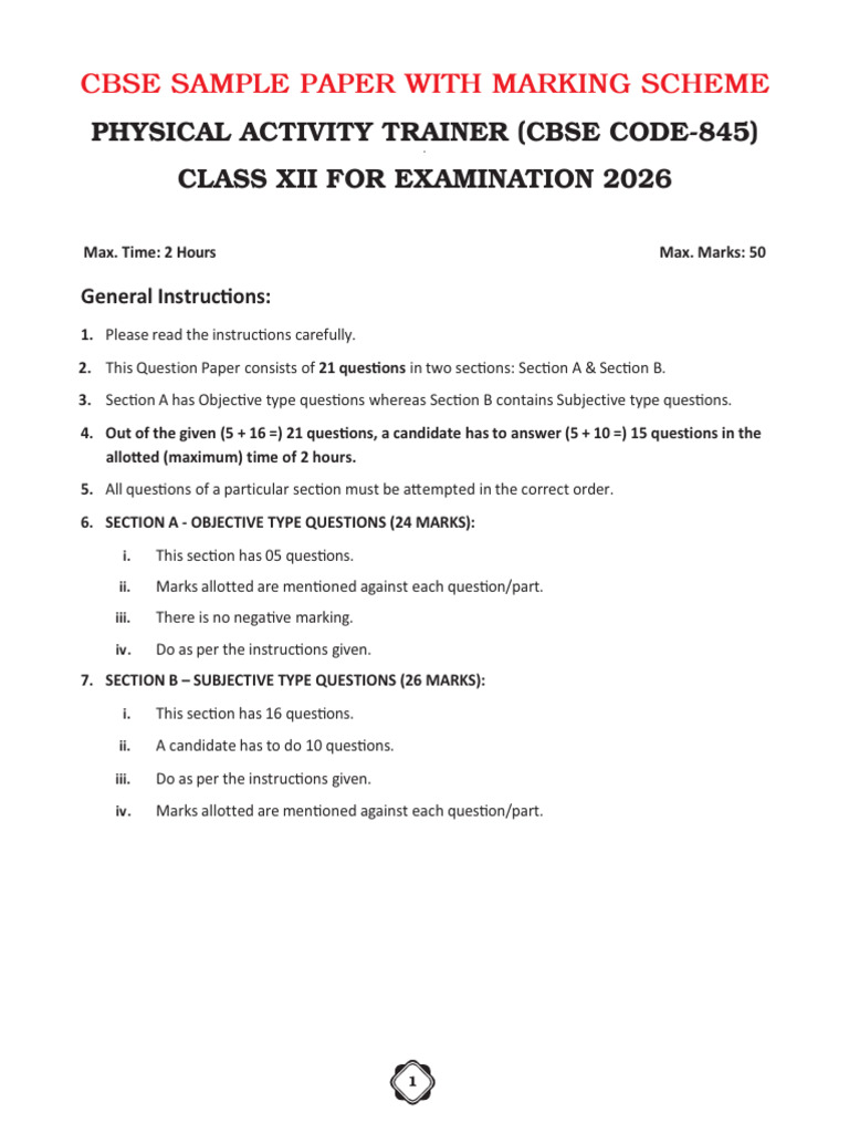 CBSE Class XII Physical Activity Trainer Exam Paper | PDF