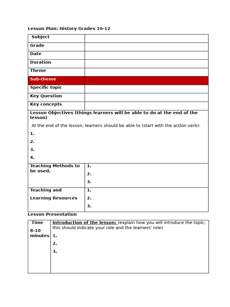 Lesson Plan History 10-12.Blank | PDF
