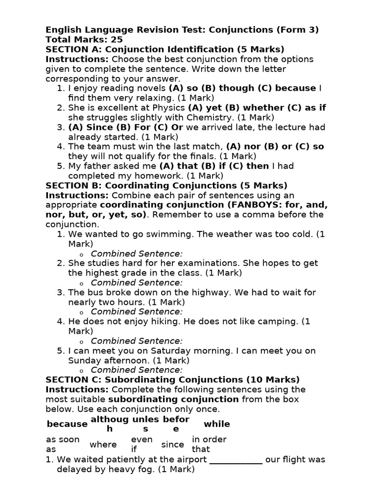 Conjunctions Revision Test for Form 3 | PDF