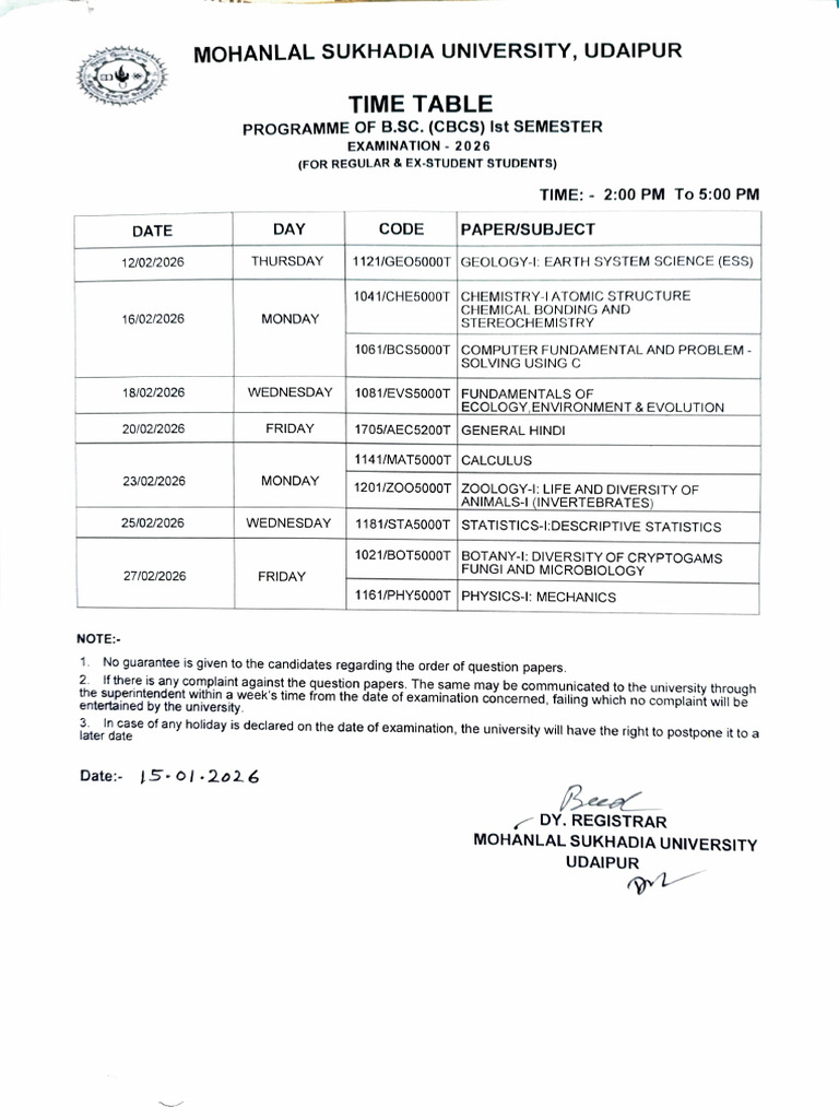 B.Sc. 1st Semester Exam Timetable 2026 | PDF
